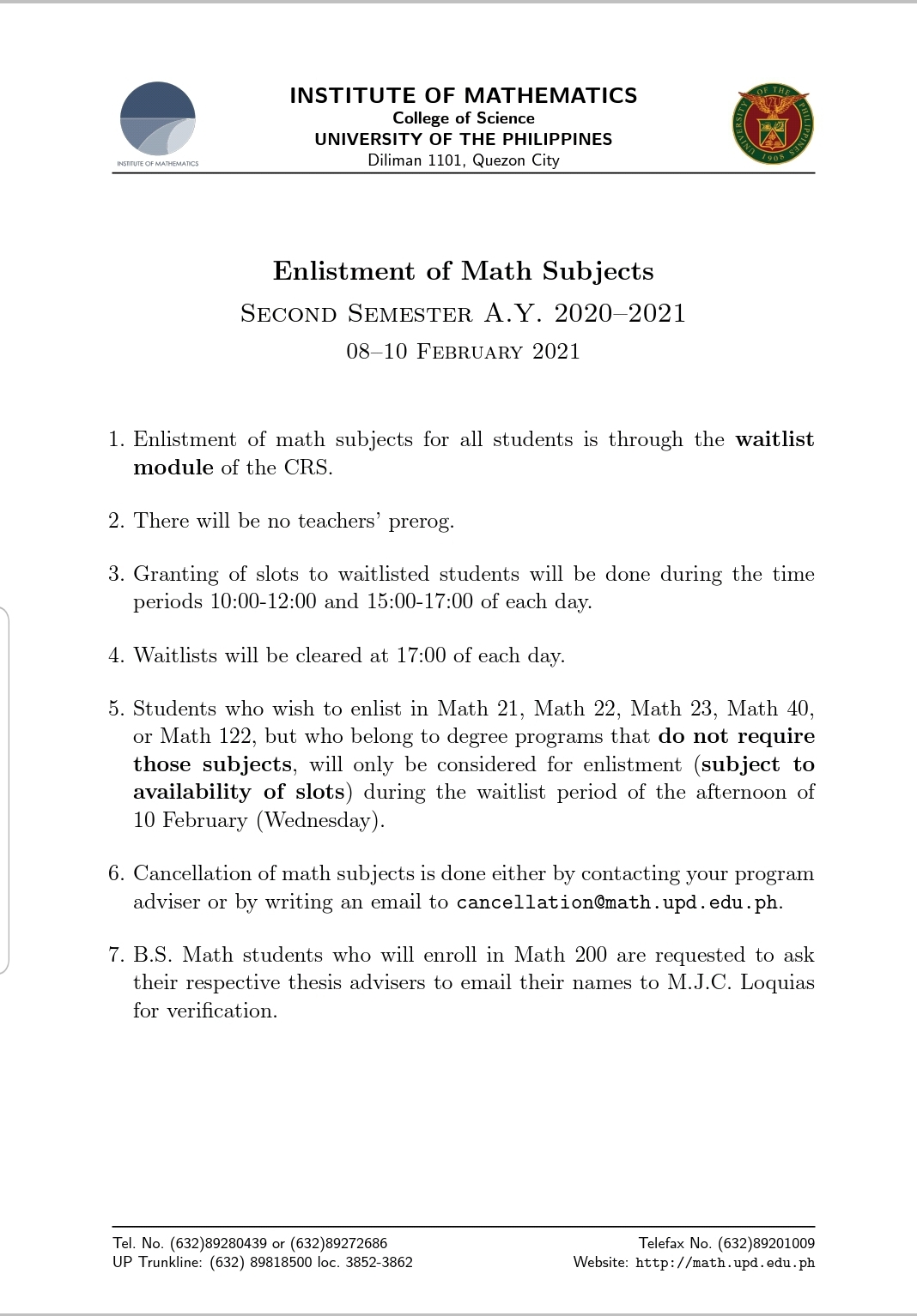Enlistment Of Math Subjects Institute Of Mathematics