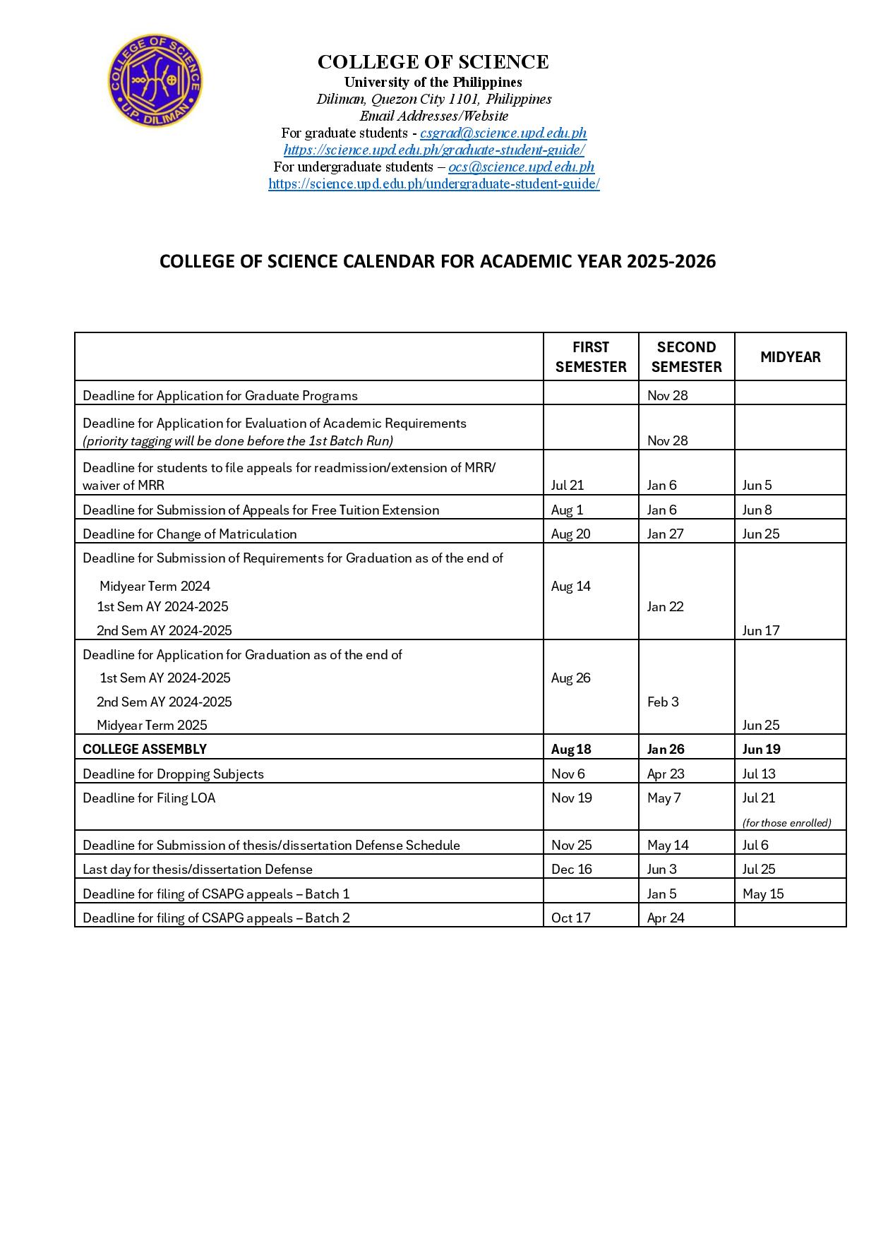 COLLEGE OF SCIENCE CALENDAR FOR ACADEMIC YEAR 2025-2026 | Institute of ...
